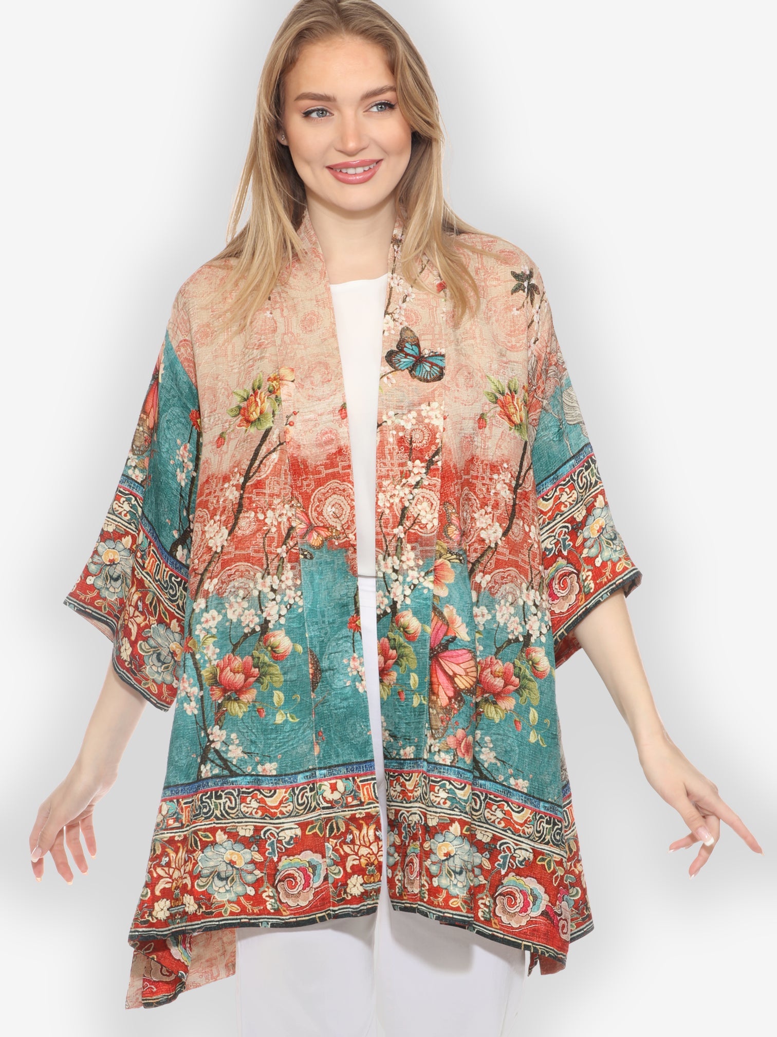 Citron Butterfly Cherry Blossom Flowers Silk Kimono – PlusbyDesign.com